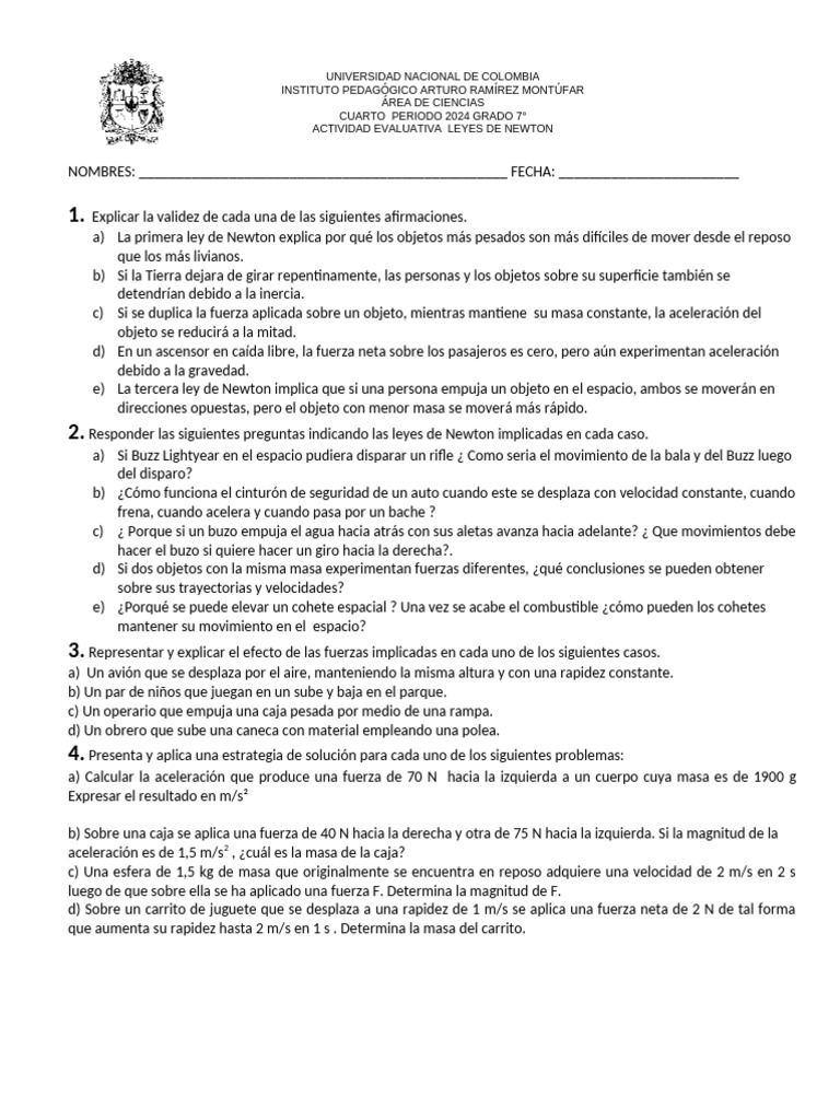 Actividad Evaluativa Leyes de Newton | PDF | Las leyes del movimiento ...