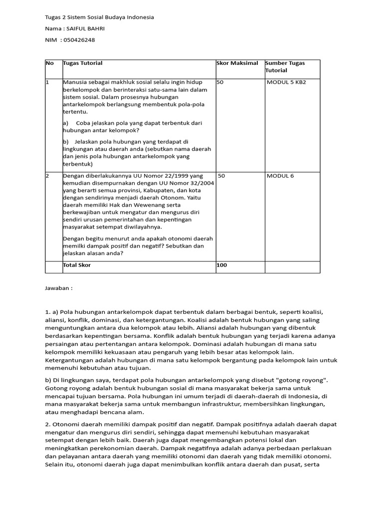 Tugas 2 Sistem Sosial Budaya Indonesia-SAIFUL BAHRI-050426248 | PDF | Politik