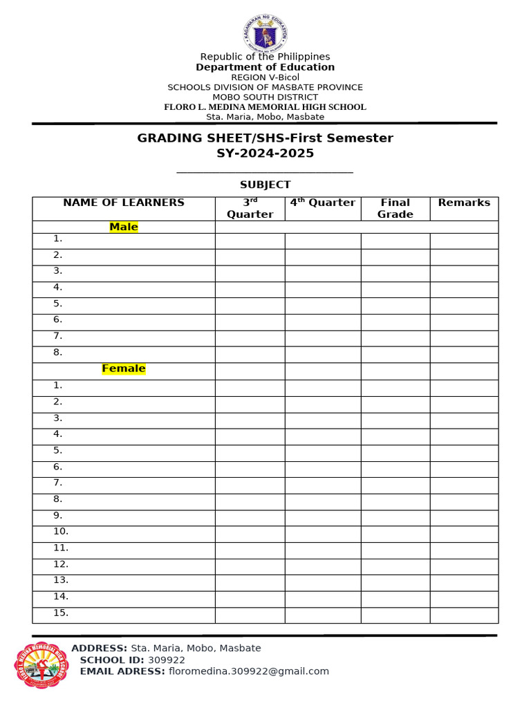 Grading Sheet SHS | PDF