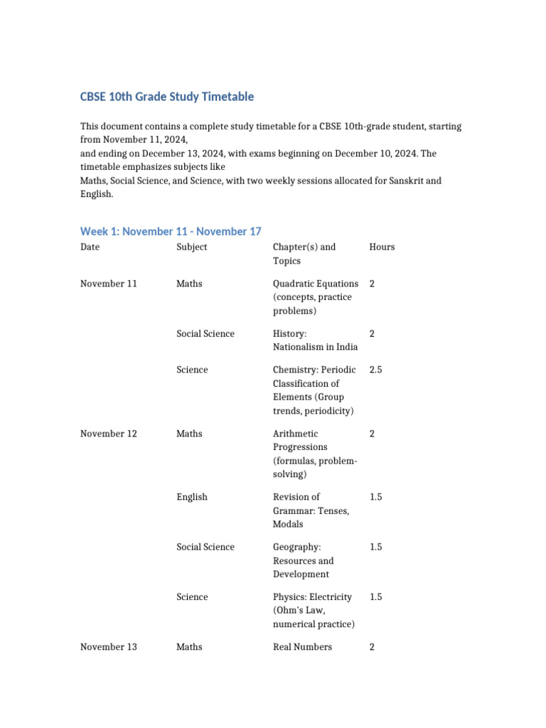 CBSE 10th Grade Study Timetable Nov11 Dec13 Complete | PDF ...