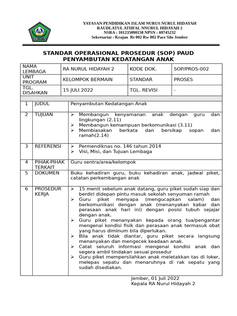 2 Sop Paud Penyambutan Kedatangan Anak | PDF | Karier & Perkembangan ...