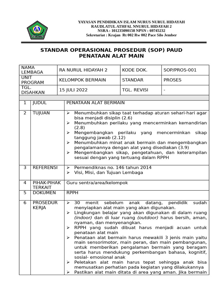 1 Sop Paud Penataan Alat Main | PDF