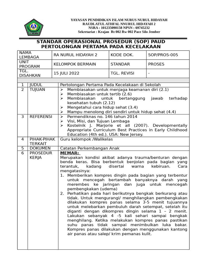 SOP Pertolongan Pertama PAUD | PDF | Kesehatan Holistik