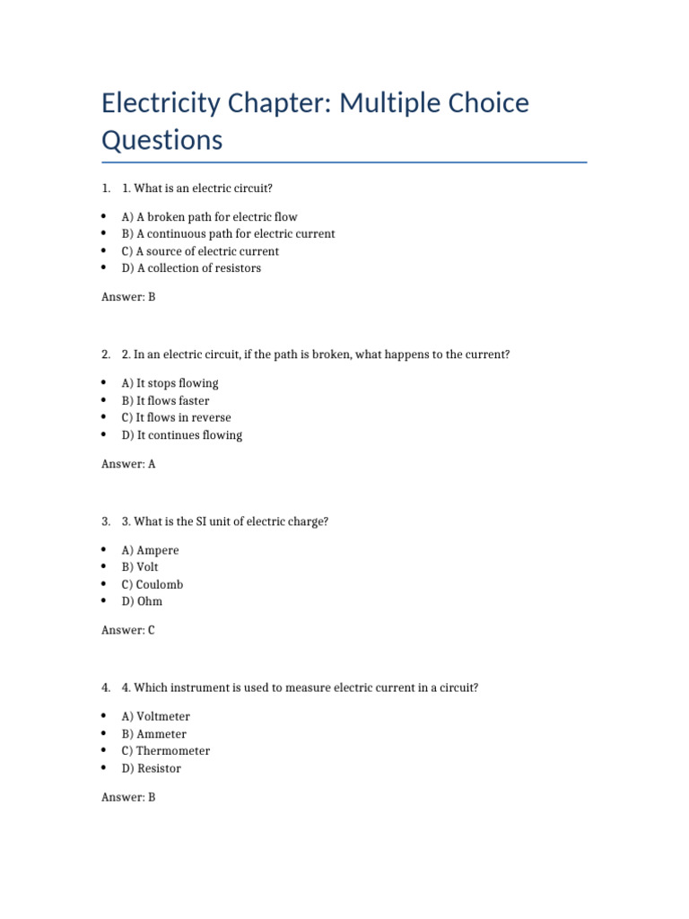 Electricity MCQ | PDF
