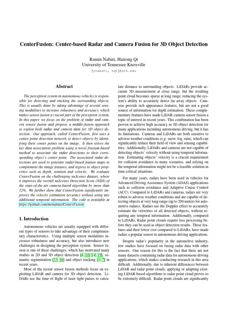 Nabati和Qi - 2021 - CenterFusion Center-based Radar and Camera Fusion for 3D Object Detection ...