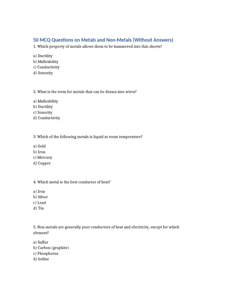Metals and Non Metals 50 MCQ Questions No Answers | PDF | Metals | Iron