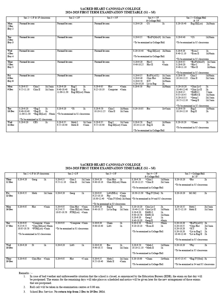 S1-S5 First Term Examination Timetable - 2024 | PDF