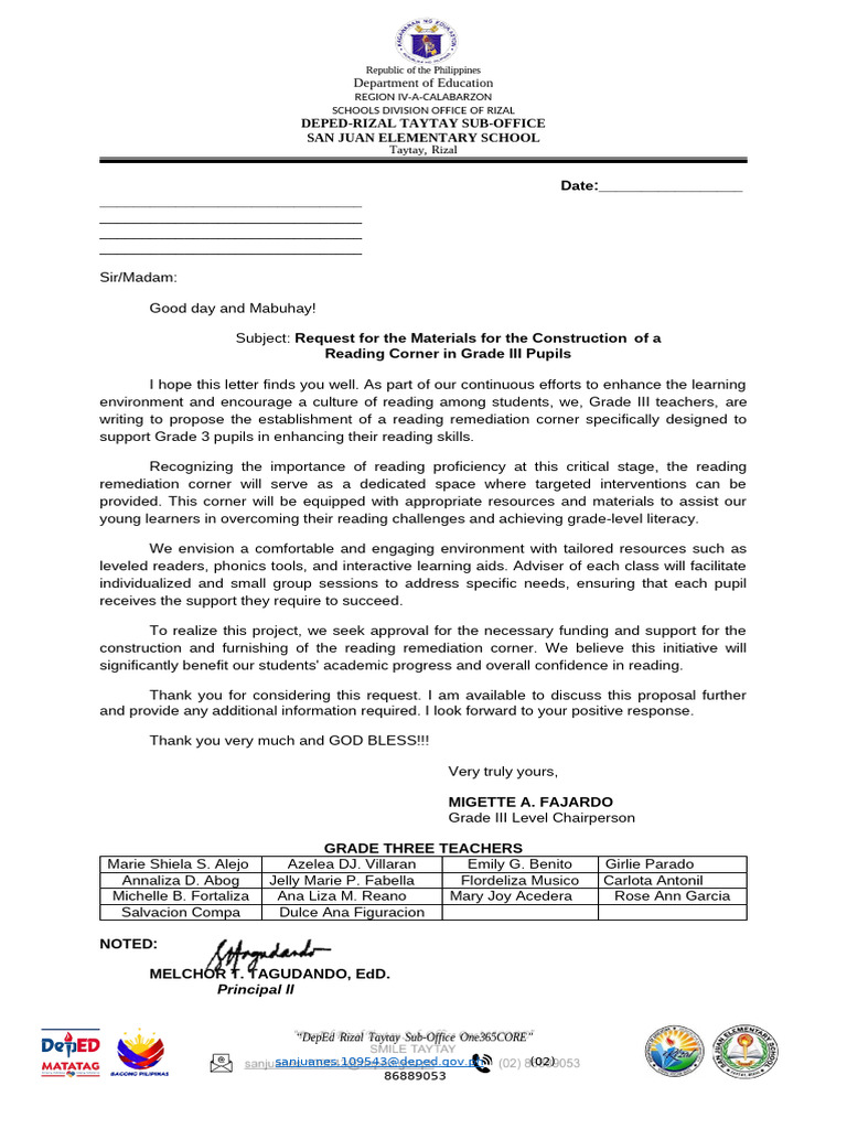 Letter of Request Reading Corner Grade 3 | PDF | Reading (Process ...