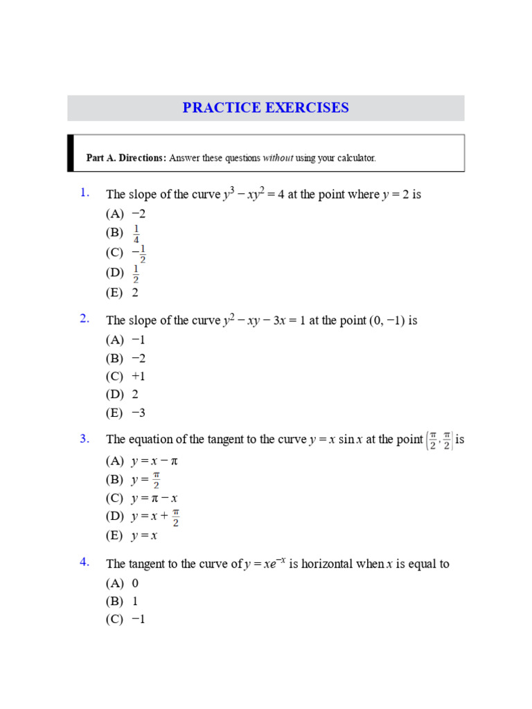 Calculus Practice Questions | PDF | Tangent | Analytic Geometry
