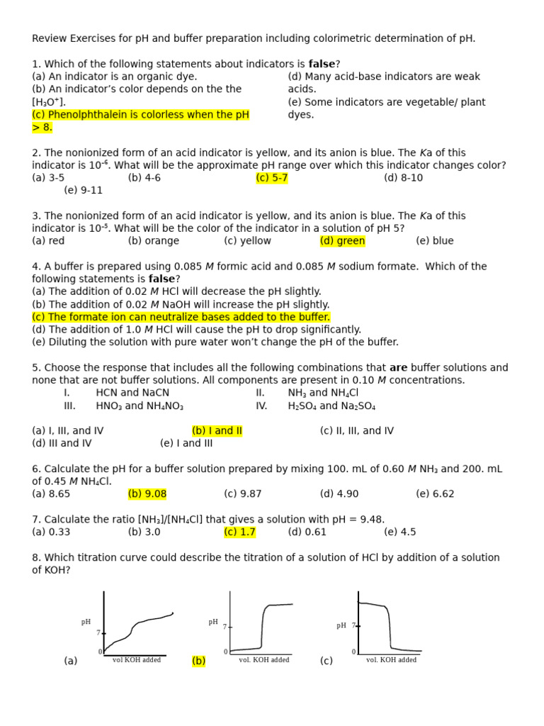 Review Exercises For PH and Buffer Preparation Including Colorimetric Determination of PH With ...