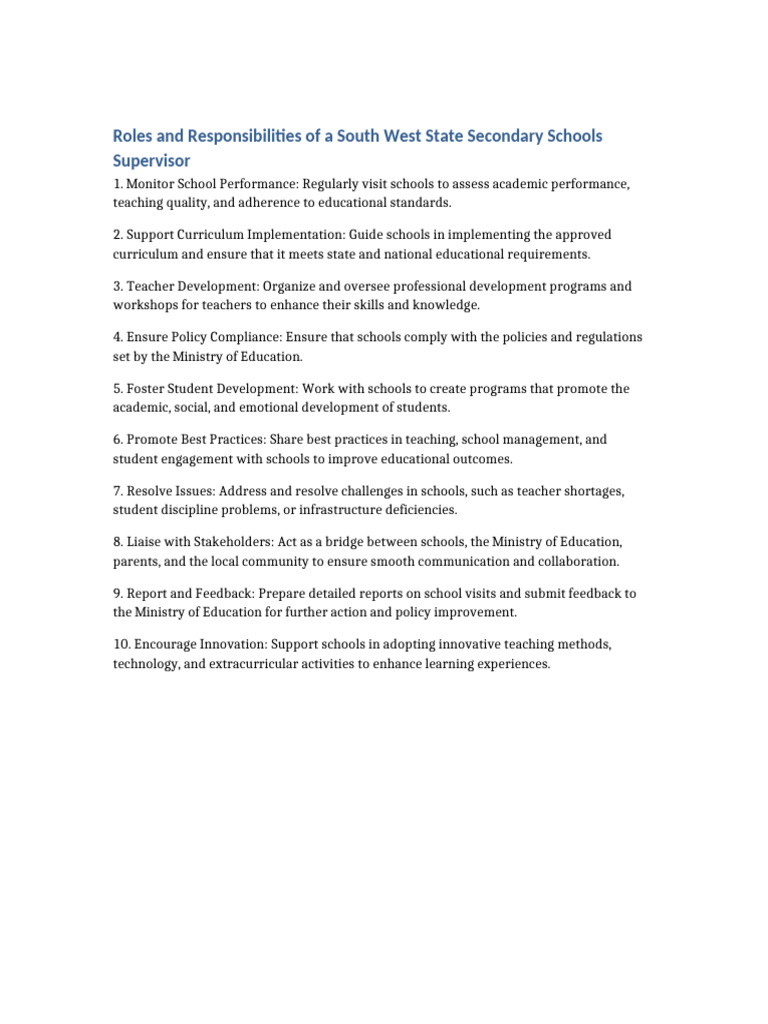 South West State Secondary Schools Supervisor Roles | PDF | Career & Growth