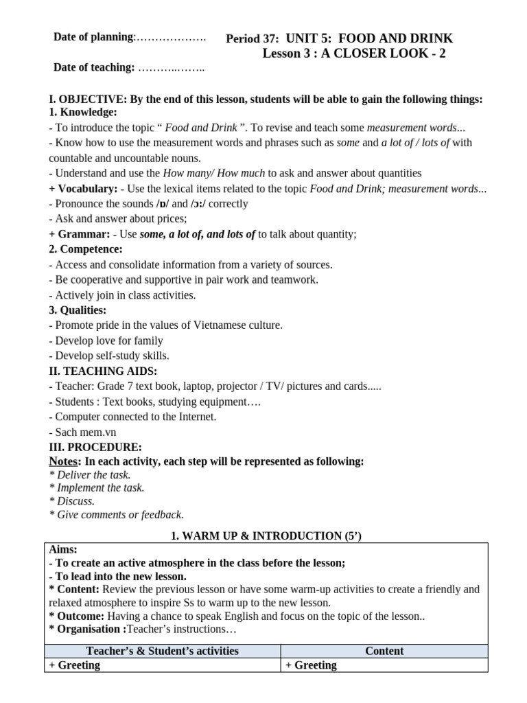 Food and Drink Lesson Plan for Grade 7 | PDF | Noun | Linguistics