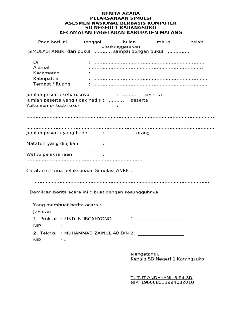 Berita Acara Simulasi ANBK SD Karangsuko | PDF | Game & Aktivitas ...