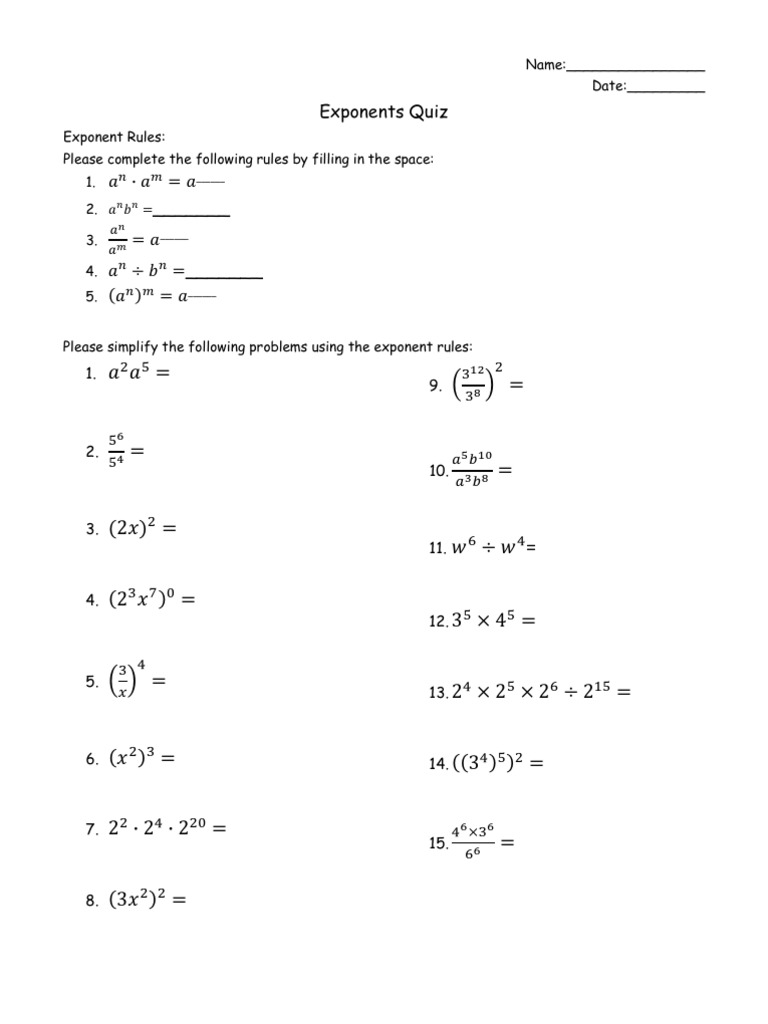 Exponent Rules Quiz | PDF