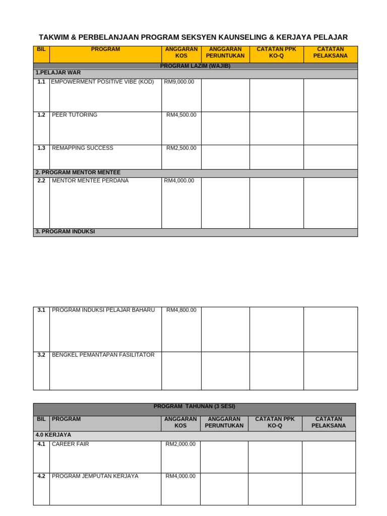 Cadangan TAKWIM Kaunseling | PDF