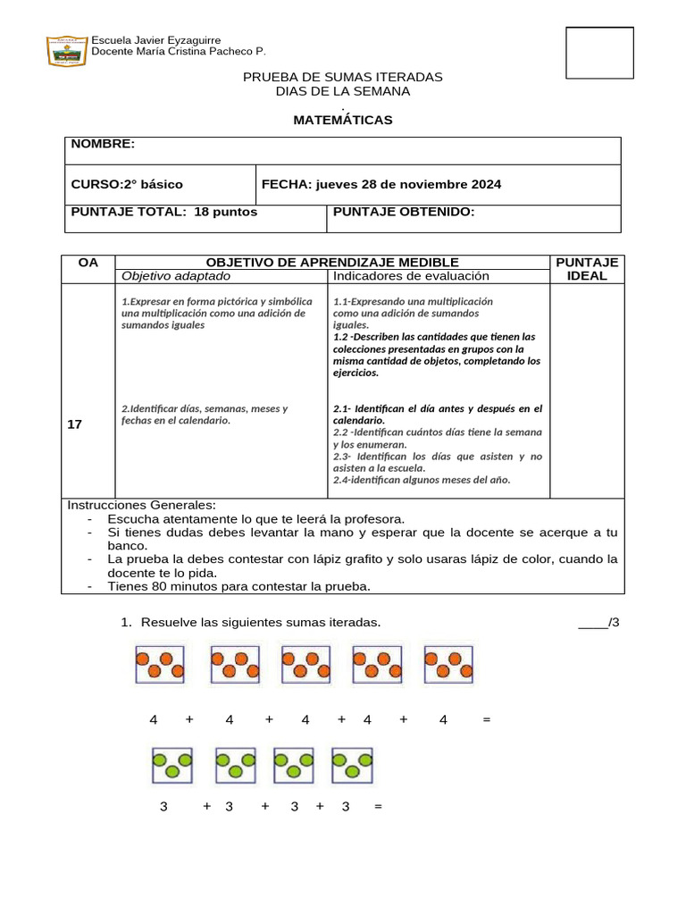 Prueba de Matematica 2° BASICO 28 DE NOV. | PDF