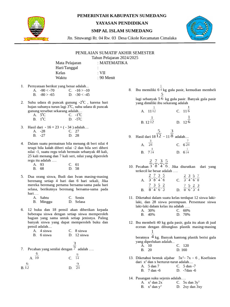 Soal Sas MTK Kelas 7 Ta 2425 | PDF