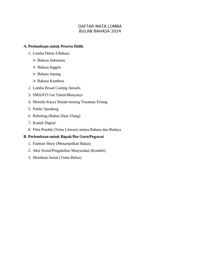 Daftar Mata Lomba Bulan Bahasa | PDF | Seni & Disiplin Bahasa