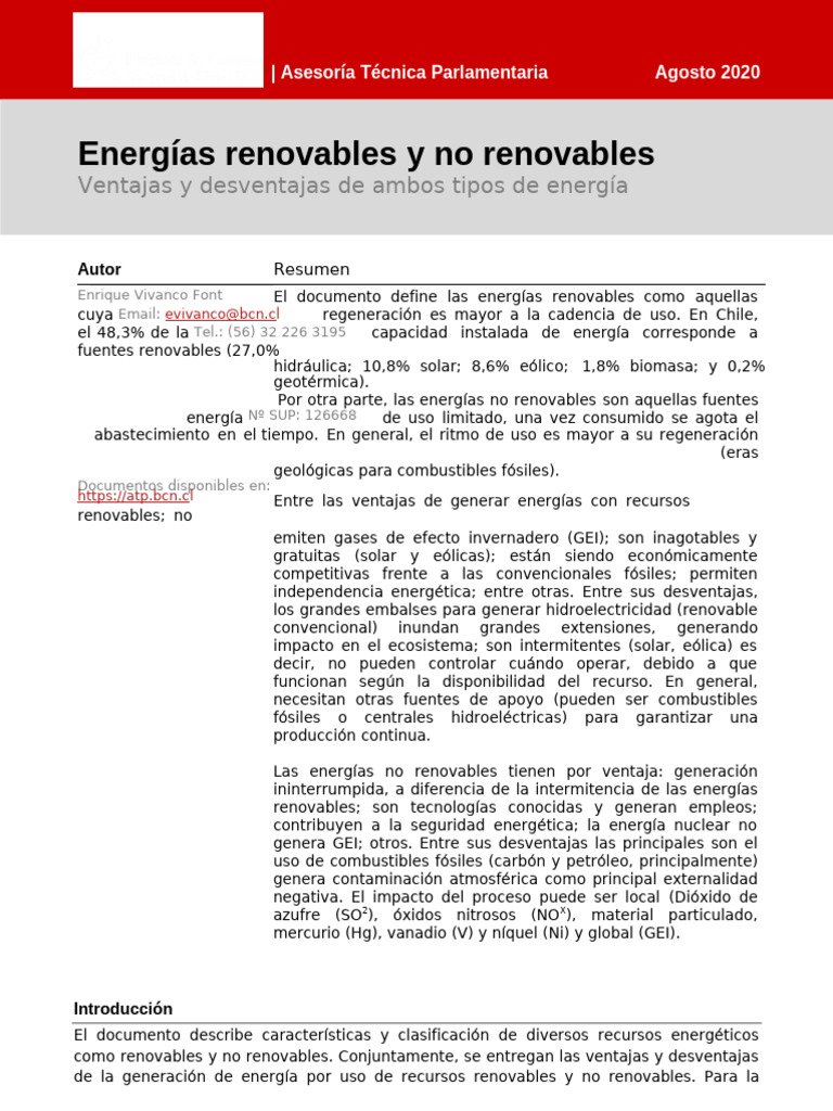 BCN Energia Renovable y No Renovable Ventajas y Desventajas Final | PDF | Energía renovable ...