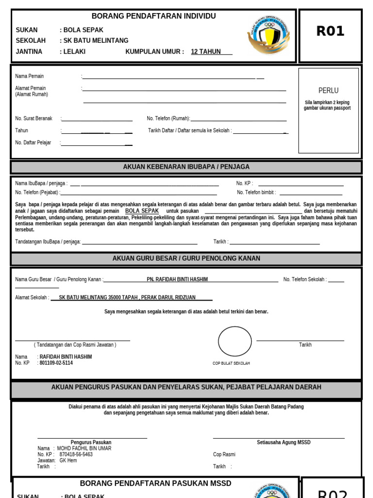 Borang R01, R02 - MSSD B.sepak - 2024 | PDF
