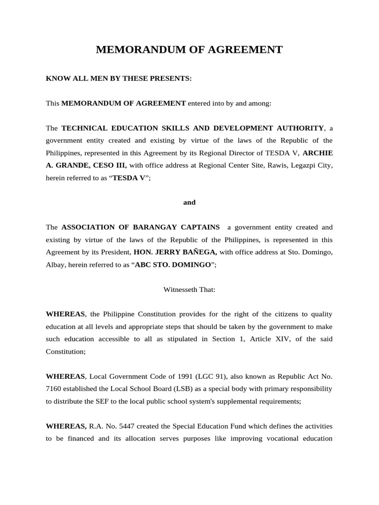 Memorandum of Agreement | PDF | Business | Finance & Money Management