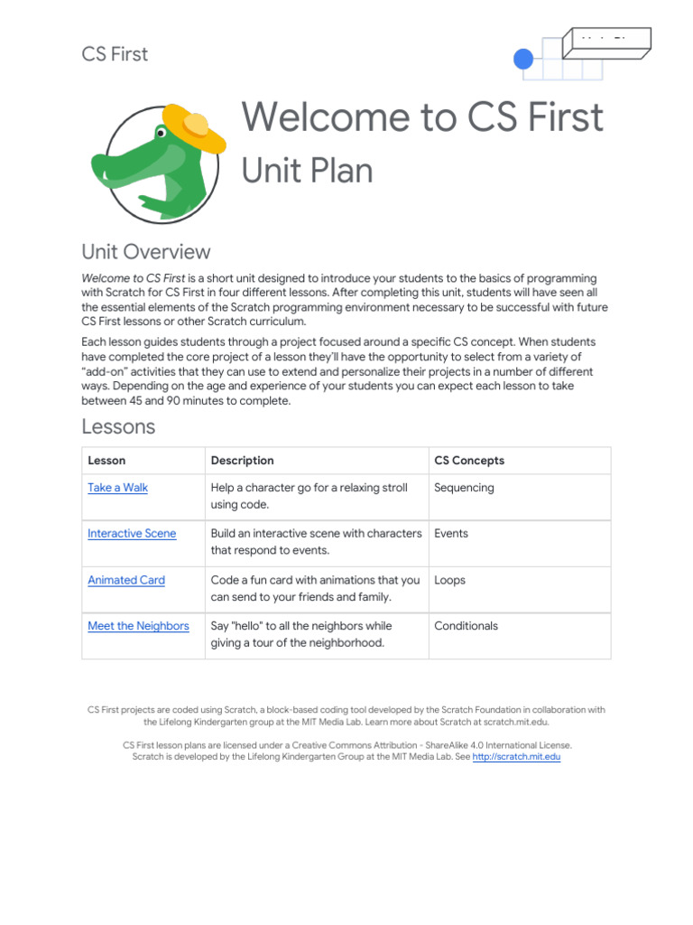 Copia de Welcome To CS First Unit Plan | PDF | Scratch (Programming ...