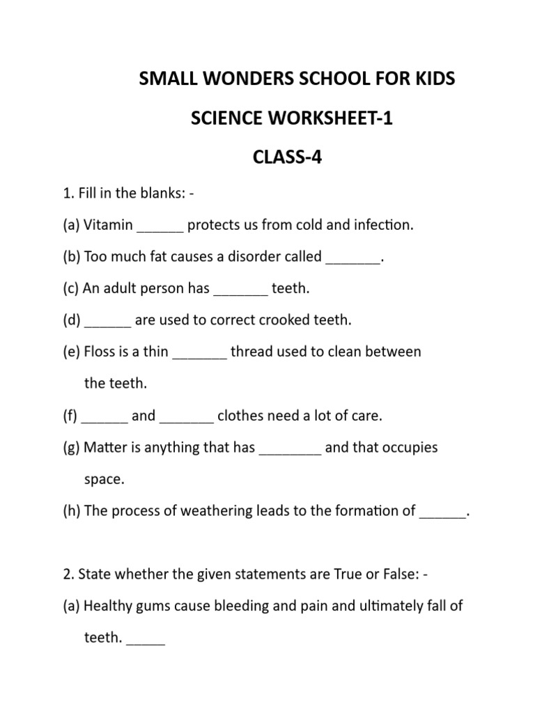 Class 4 Worksheet 1 | PDF | Wellness