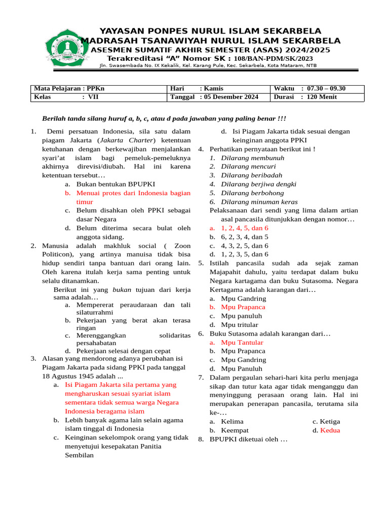 Soal ASAS Ganjil PPKN Kelas 7 Reguler-Format | PDF