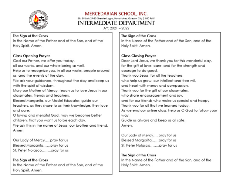 Class Prayers | PDF | Prayer | Mercy