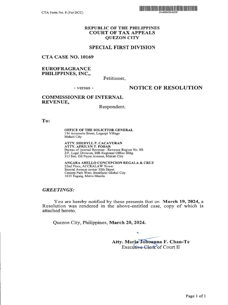 Eurofragance Tax Appeal Resolution | PDF | Judgment (Law) | Public Law