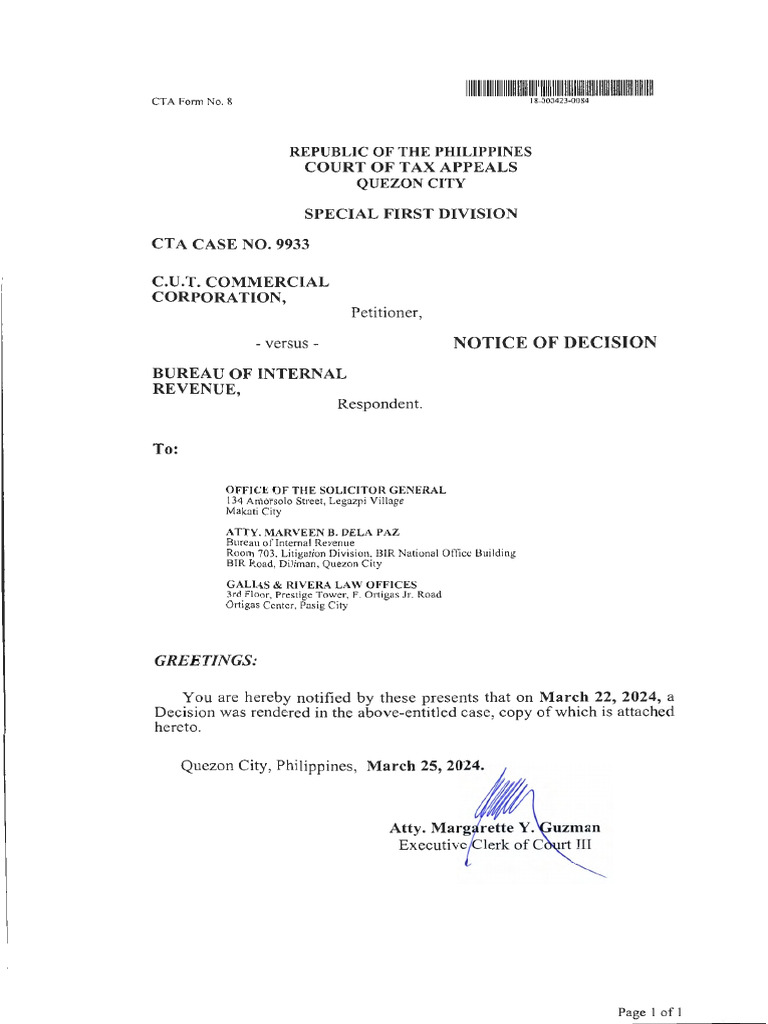Cta 1D CV 09933 D 2024mar22 Ass | PDF | Taxes | Income Tax