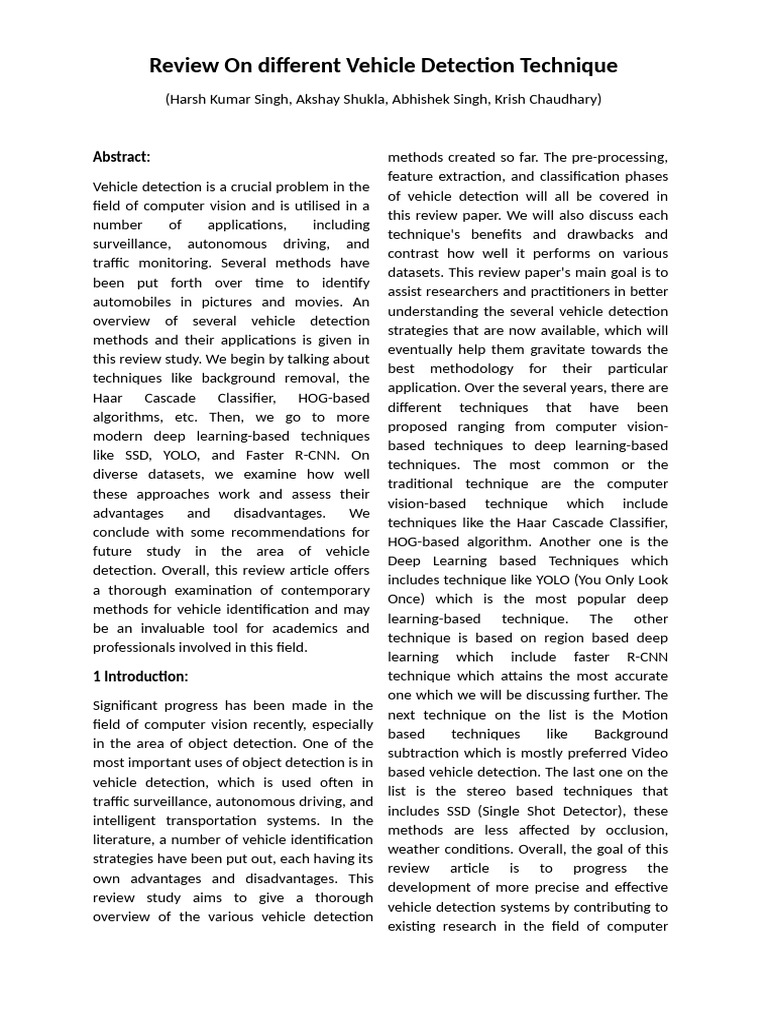 Final Research Paper Review On Different Vehicle Detection | PDF ...