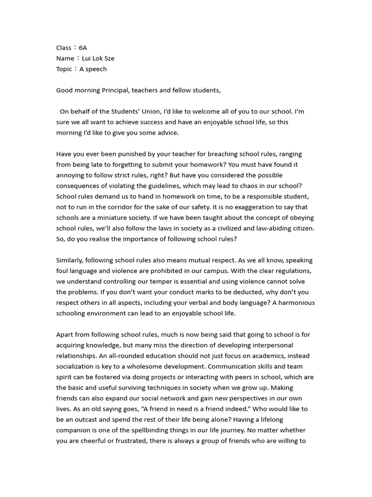 6a Lui Lok Sze - Speech 1 | PDF | Cognition | Human Communication