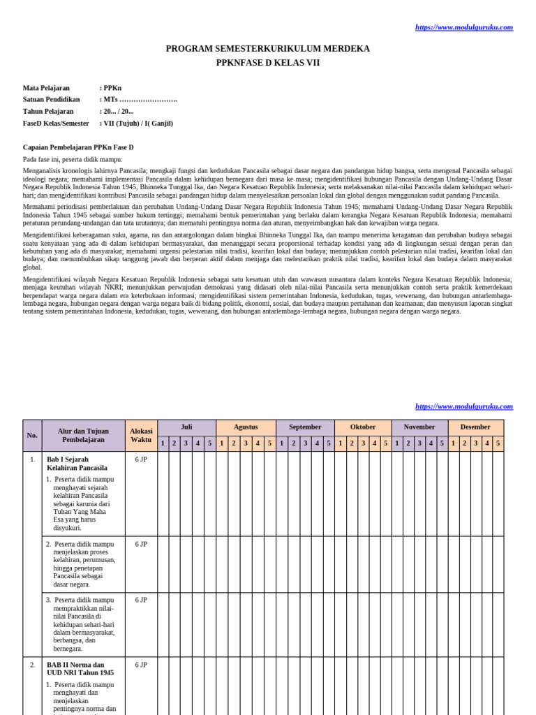 Prosem Fase D Kelas 7 - Pendidikan Pancasila | PDF