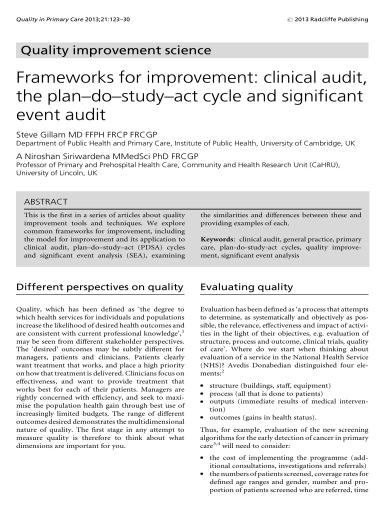 Frameworks For Improvement Clinical Audit The Plandostudyact Cycle and ...