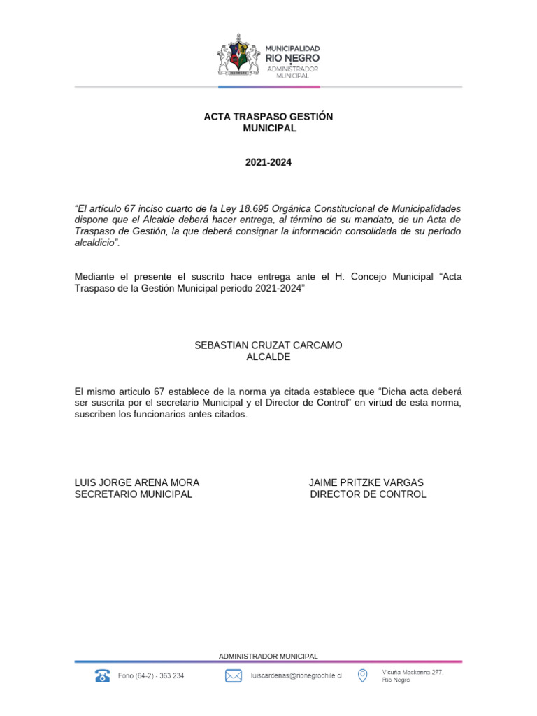 Acta Traspaso Gestión Municipal 2021-2024 | PDF | Alcalde | Gobierno
