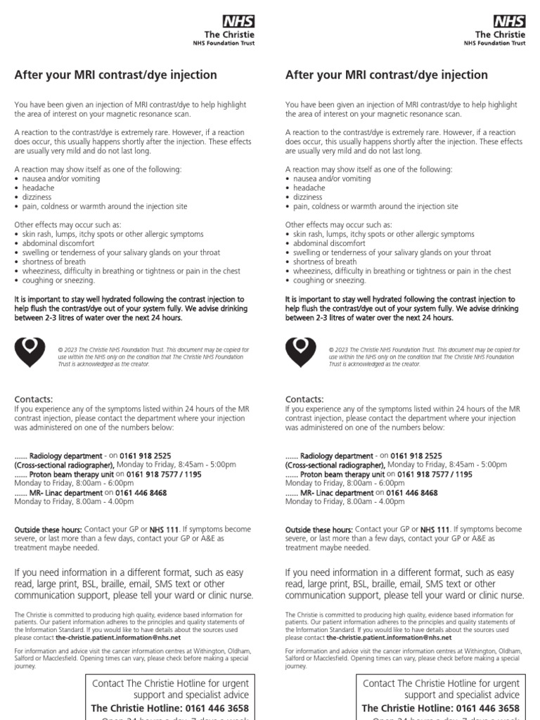 1320 After Your Mri Contrast - Dye Injection - Merged | PDF | Nausea ...