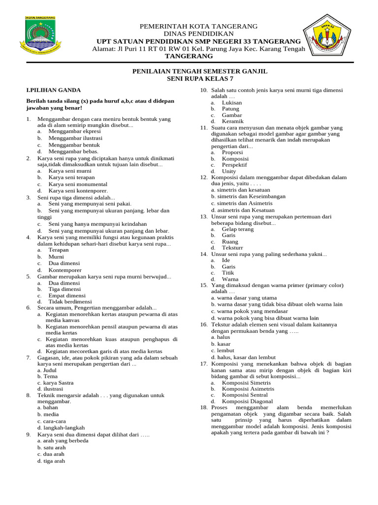 Soal PTS Ganjil Seni Rupa 7 2024 | PDF