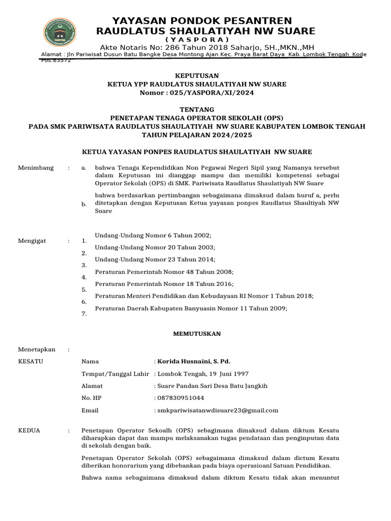 Format SK Operator Dan Permohonan Akun Dapodik | PDF