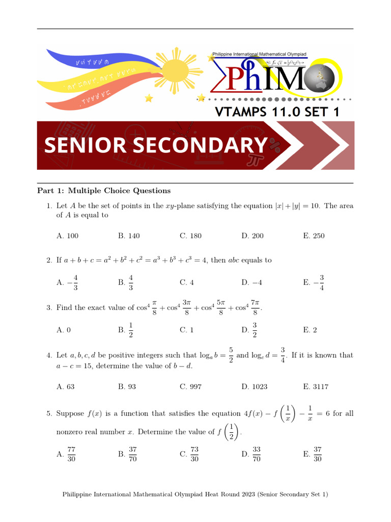 VTAMPS 11.0 Senior Secondary Set 1 | PDF | Area | Pi