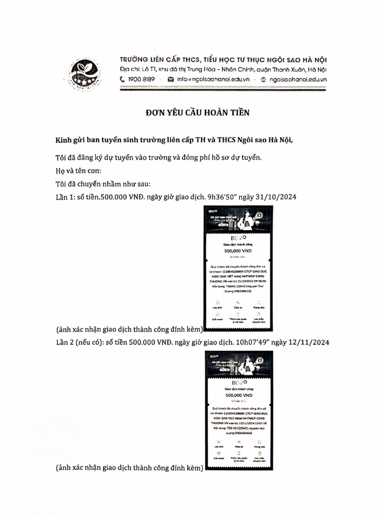 Don Yeu Cau Hoan Tien Ts6 Ns1226421 | PDF