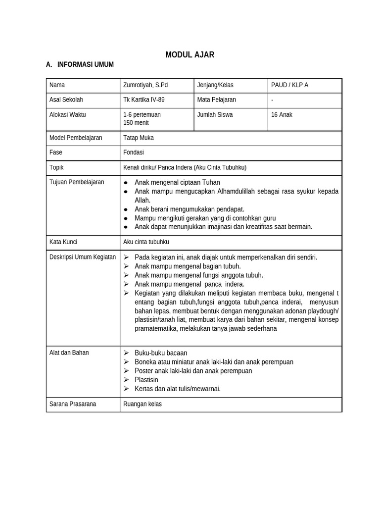 MODUL AJAR BLN Juli Minggu Ke 2 Panca Indra | PDF