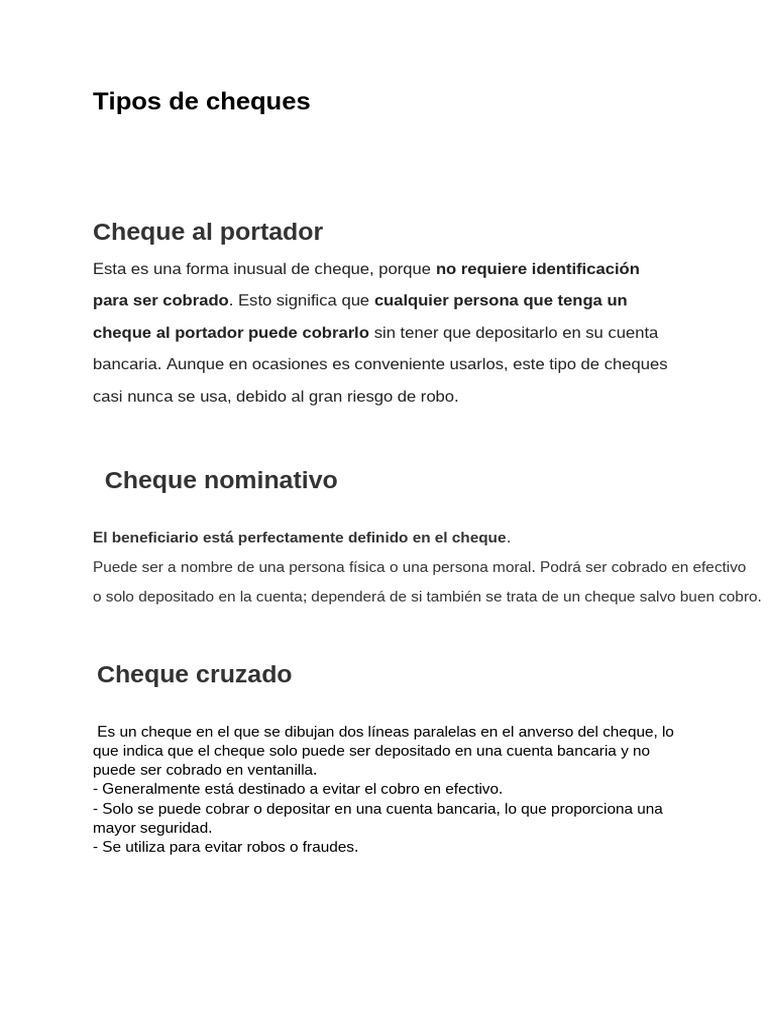 Guía de Tipos de Cheques y Usos | PDF | Cheque | Bancos
