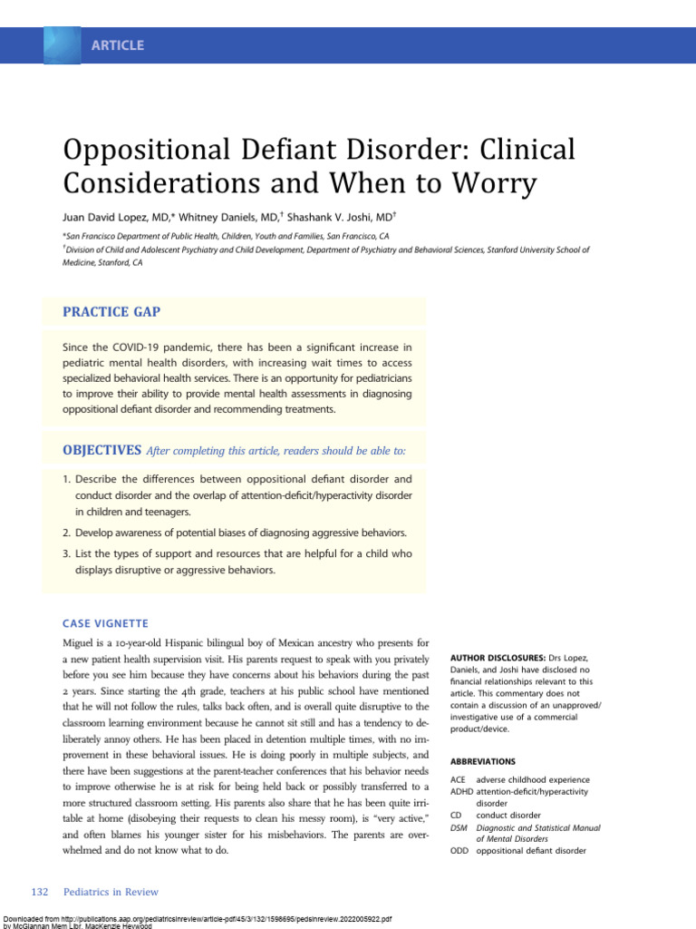 March 2024 - Oppositional Defiant Disorder - Clinical Considerations ...