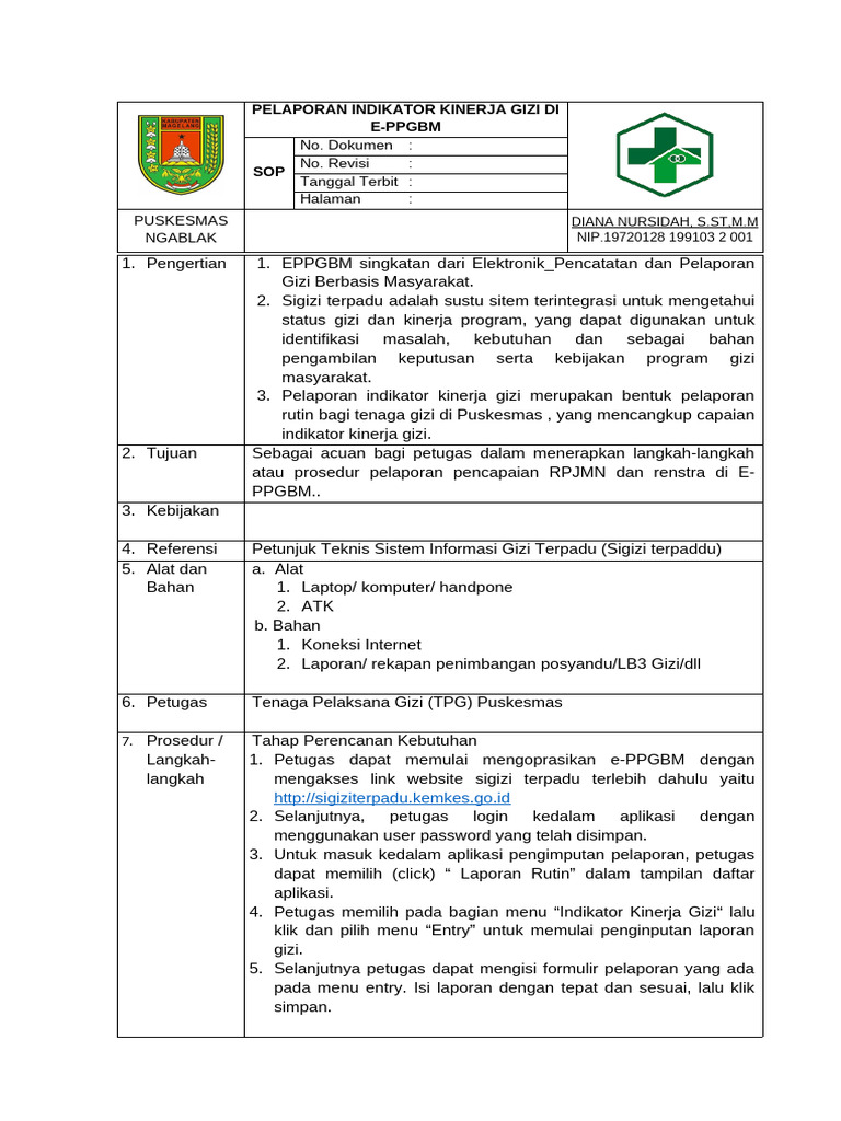 Sop Pelaporan Indikator Kinerja Gizi Di E Ppgbm Pdf