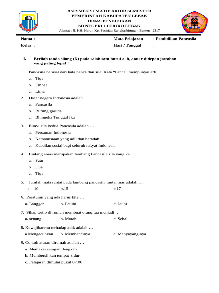 Soal Sas Pend - Pancasila KLS 1 | PDF