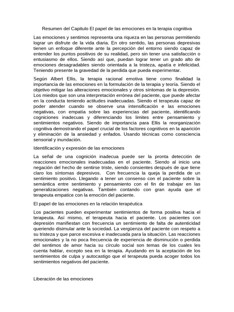 Resumen Del Capitulo El Papel de Las Emociones en La Terapia Cognitiva | PDF | Las emociones ...