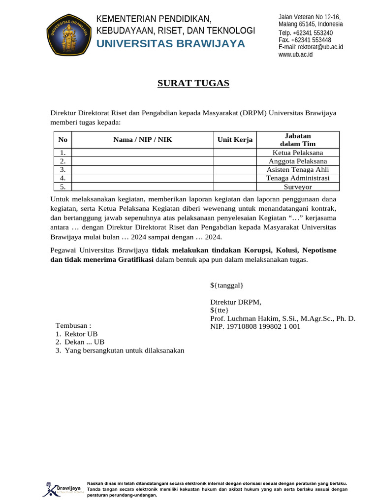 Surat Tugas DRPM Universitas Brawijaya | PDF