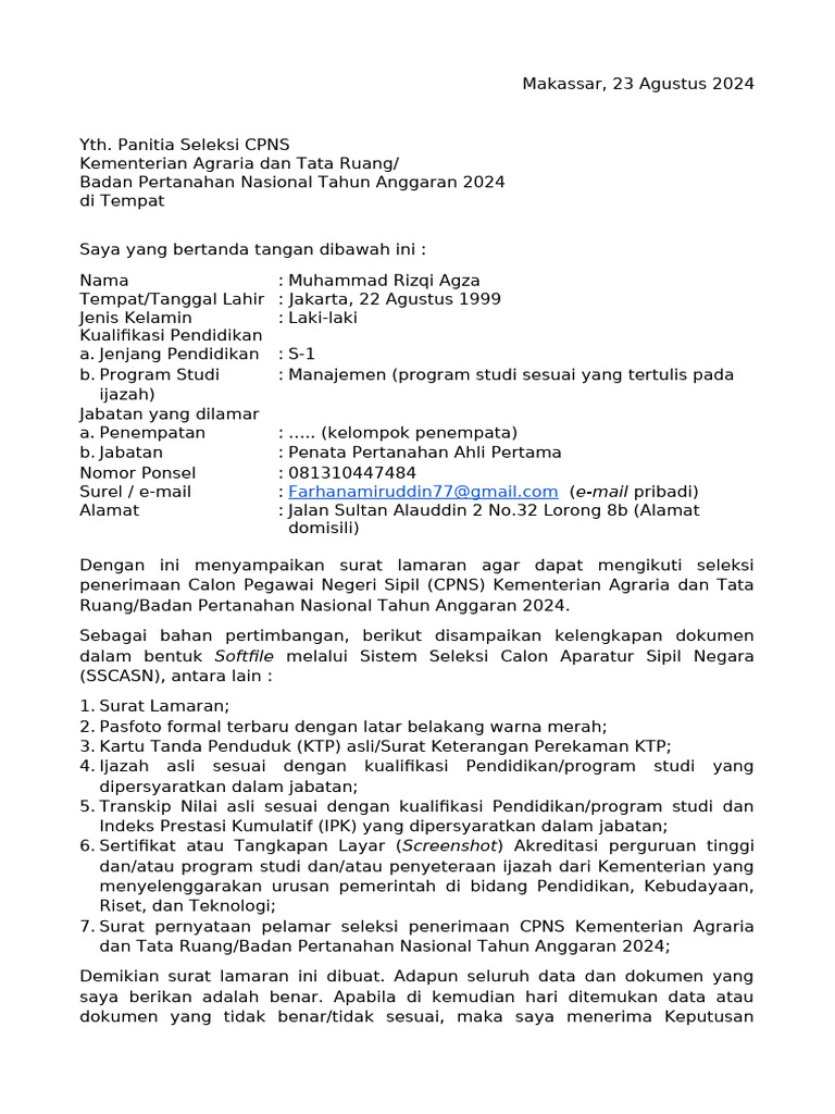 Surat Lamaran Atr-Bpn | PDF