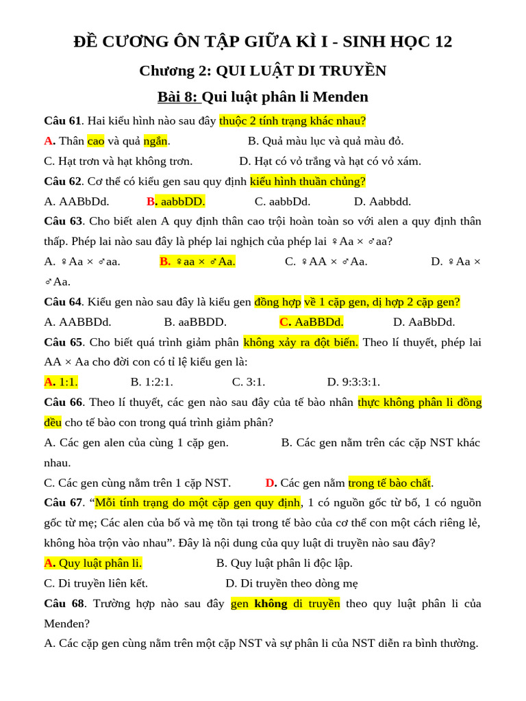 ĐÁP ÁN ĐỀ CƯƠNG ÔN TẬP KÌ I L12 | PDF